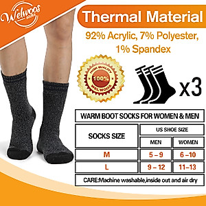 Welwoos Heated Thermal Socks for Men & Women Warm Winter Ski Thick Boot Insulated Gift Stocking Stuffers Socks 3 Pairs (Black Stripe,L)