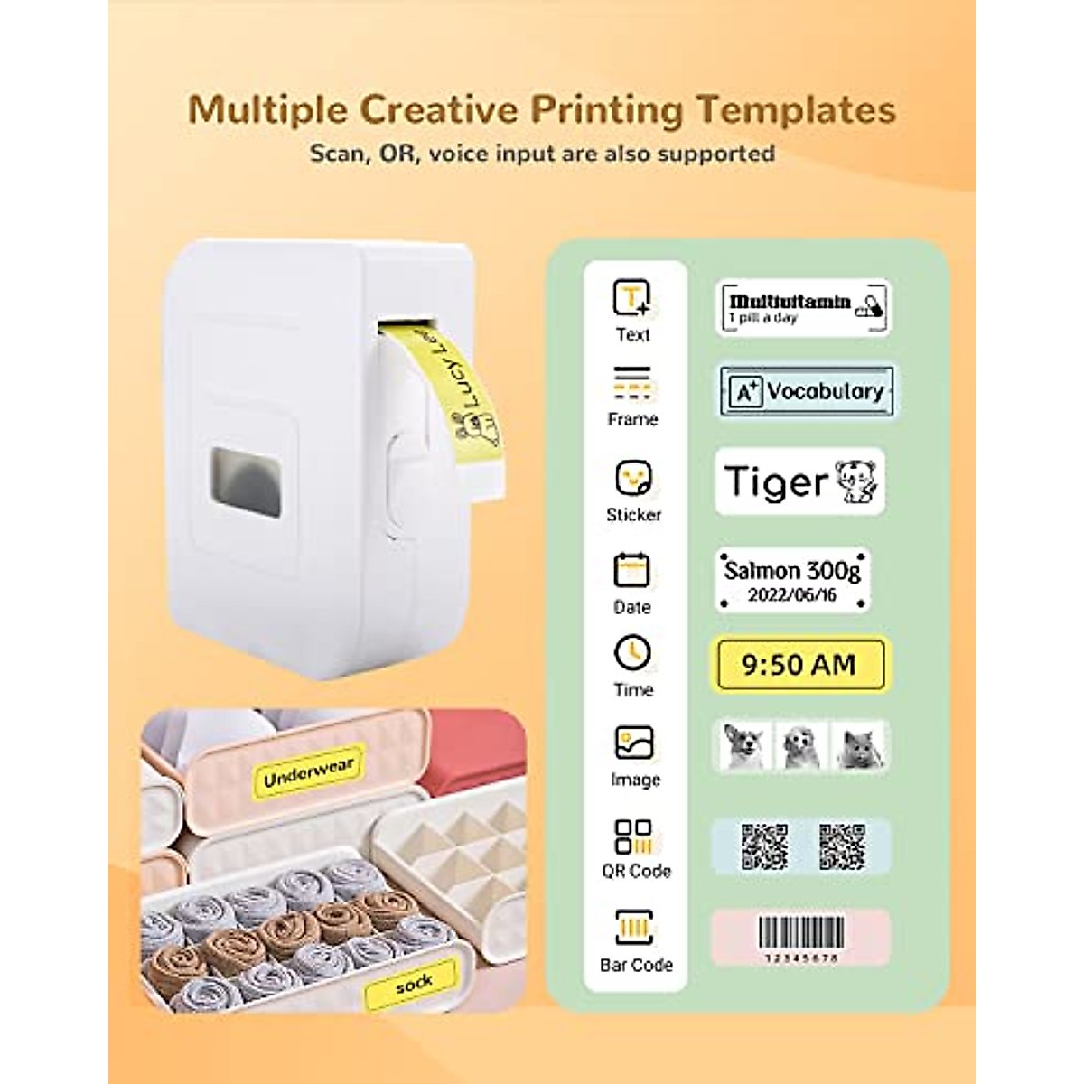 vretti Label Maker Machine with Tape, Portable Bluetooth Label Maker, Wireless Mini Sticker Printer for Office Home Organization Storage Multiple Templates Font Icon Inkless Rechargeable