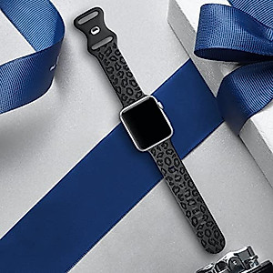 CreateGreat Engraved Bands Compatible with Apple Watch Band 41mm 40mm 38mm, Leopard Carve Pattern Soft Silicone Strap Compatible with iWatch Series 8 7 6 5 4 3 2 1 SE, Women Men,Leopard-Black
