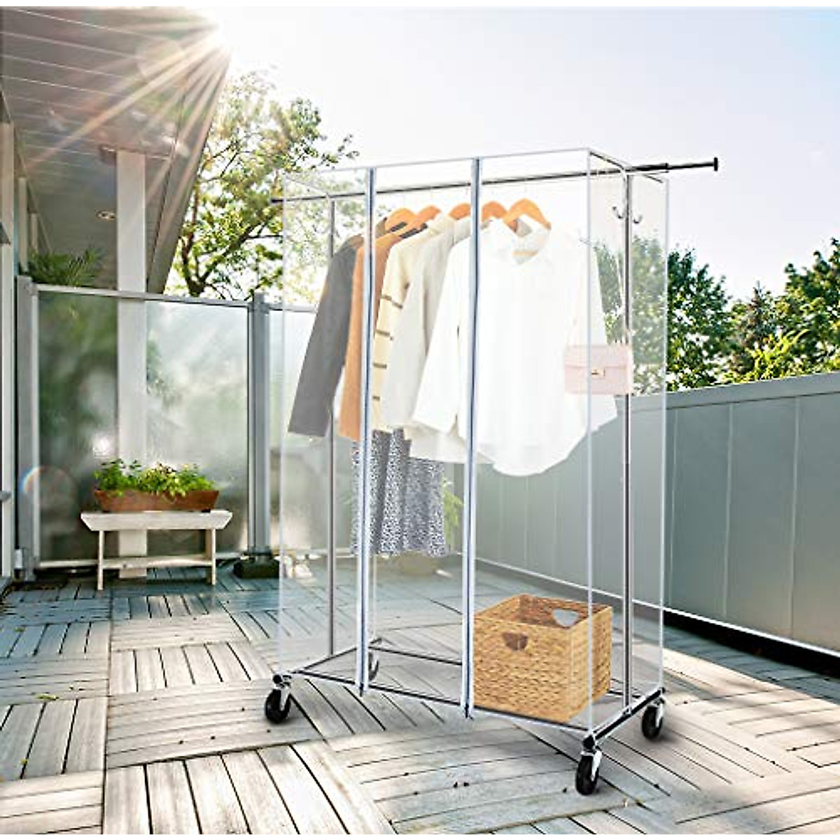 GREENSTELL Clothes Rack with Cover, Adjustable Garment Rack with Wheels, Heavy Duty Clothing Rack with Extendable Hanging Rail and Two Hooks, Commercial Grade Rolling Clothing Coat Rack (59x63x18 in)