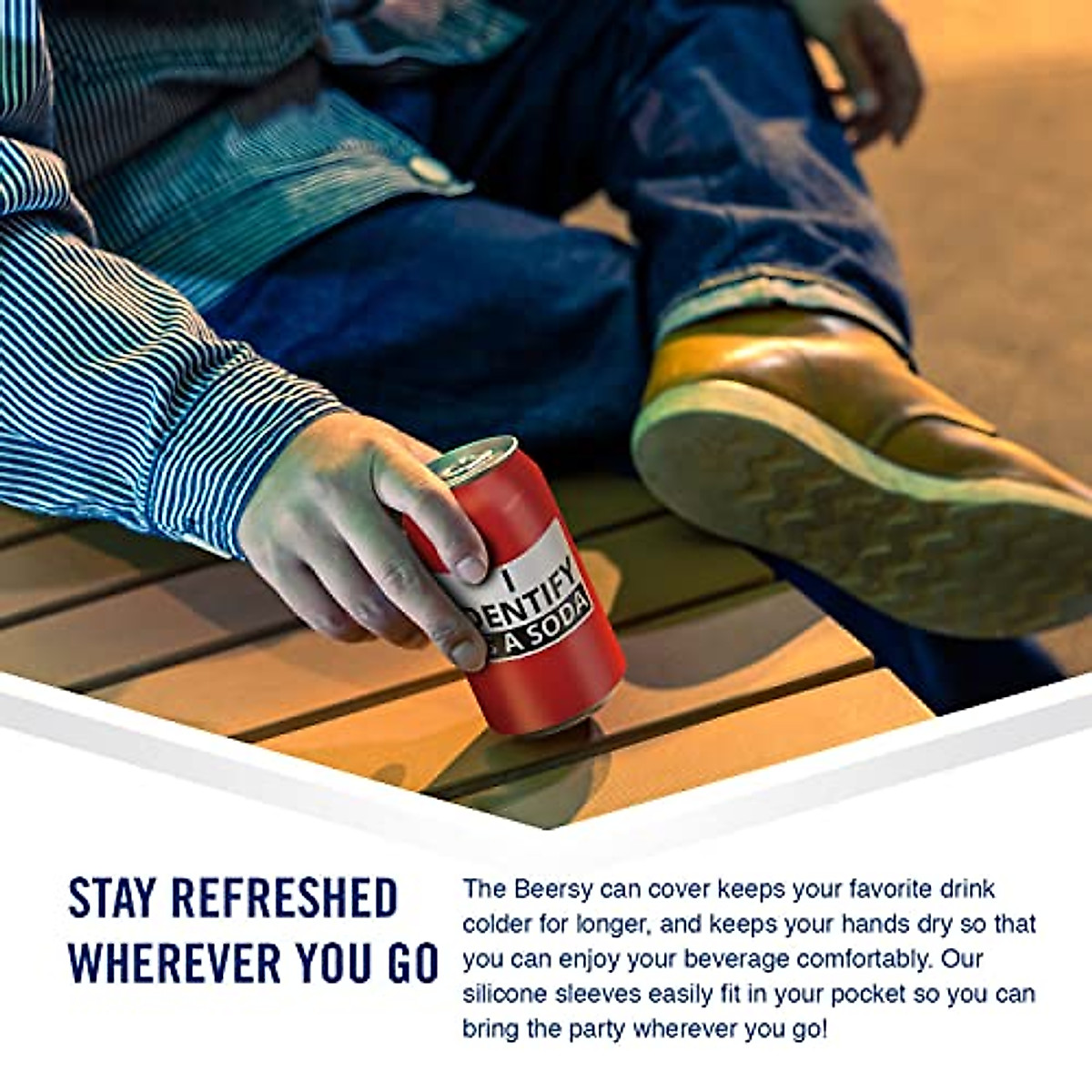 Beersy Silicone Sleeve Soda Can Cover - Insulated Silicone Can Sleeve - Multi-Purpose Can Insulator - Tight-Fitting Drink Cover - Novelty Drink Holder for Outdoors, Fits 12oz. (I Identify As A Soda)