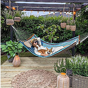 Double Hammock, 11 FT Quilted Fabric 2 Person Hammock for Outside with Pillow, Folding Curved Spreader Bar, Chains, Carrying Bag, Indoor Outdoor, 450 IB Capacity, Royal Blue