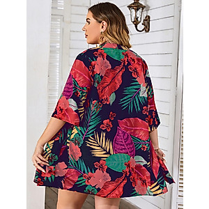 Floerns Women's Plus Size 2 Piece Outfit Tropical Print Kimono Top and Shorts Set Navy Blue 3XL
