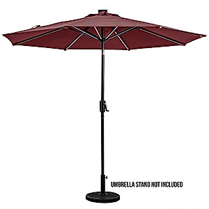 Sun-Ray 811028 9' Round Next Gen 8-Rib Solar Patio Umbrella 32 LED Within Unique Strip Lighting, Crank and Tilt, 9 ft, Scarlet/Red