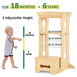 Bateso Toddler Standing Tower, Adjustable Height Toddler Kitchen Stool Helper for Kids 1-6, Toddler Kitchen Step Stool with 2 Detachable Nets, Wooden Montessori Toddler Tower for Kitchen Counter