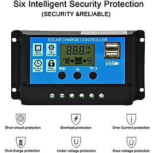 EEEkit 30A Solar Charge Controller, Solar Panel Charger Controller 12V/24V, Multi-Function Adjustable LCD Display with Dual USB Port Timer Setting PWM Auto Parameter