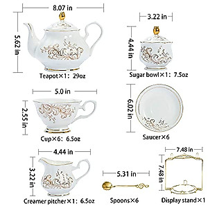 Daveinmic 22-Pieces Porcelain Bone china Tea Sets,Gold Rim Coffee Set with Golden Metal Rack,Cups,Saucers,Spoons,Teapot,Sugar Bowl,Creamer Pitcher,Tea Gift Sets for Home&Party(Gold Rim phoenix set)