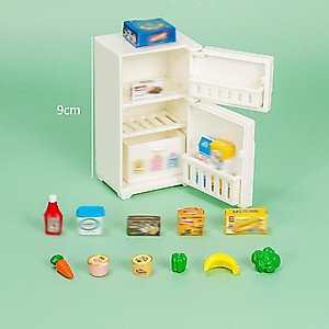 Hiawbon 21 Pcs Mini House Miniature Refrigerator with Mini Food Set Mini Kitchen Furniture Fridge Decorations Miniature Food with Juice Milk Ice Creams Vegetables