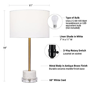 Catalina 23106-001 Modern Marble-Finish Ceramic Table Lamp with White Linen Shade, 19", Antique Brass