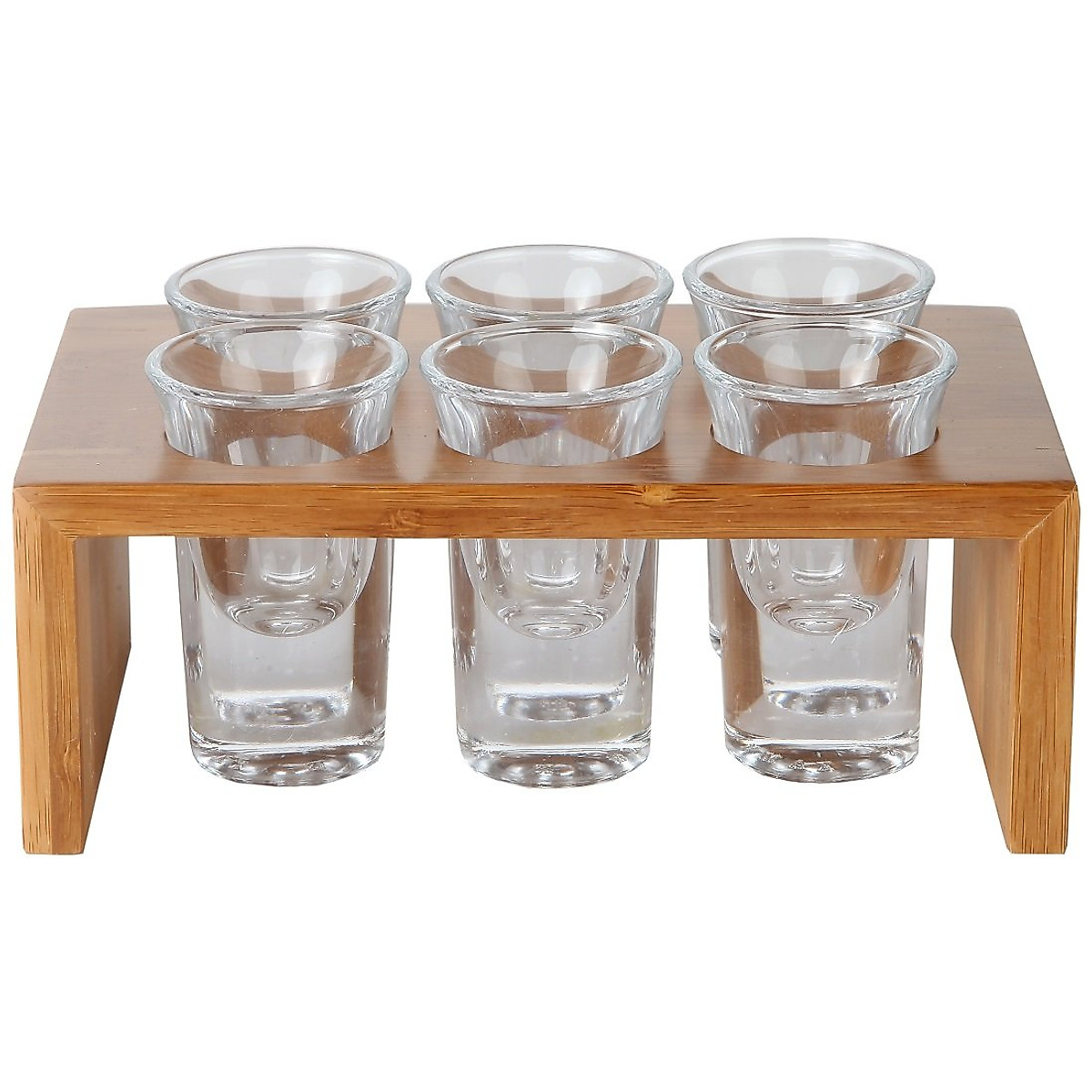 Lily's Home Bamboo Shot Glass Holder Set with 6 Crystal Clear Shot Glasses, Easy to Carry and Sophisticated to Display, Ideal for Liquor Shots at Parties (1 oz. Each Glass)