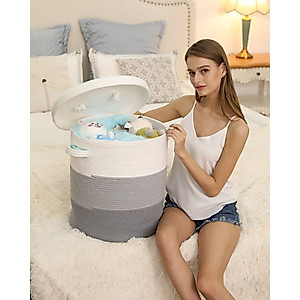16" x 16" x 18" Extra Large Storage Basket with Lid, Cotton Rope Storage Baskets, Laundry Hamper, Cloth Bin, for Clothes Towels Blankets Pillows Storage in Living Room, Light Grey/Grey with Cover