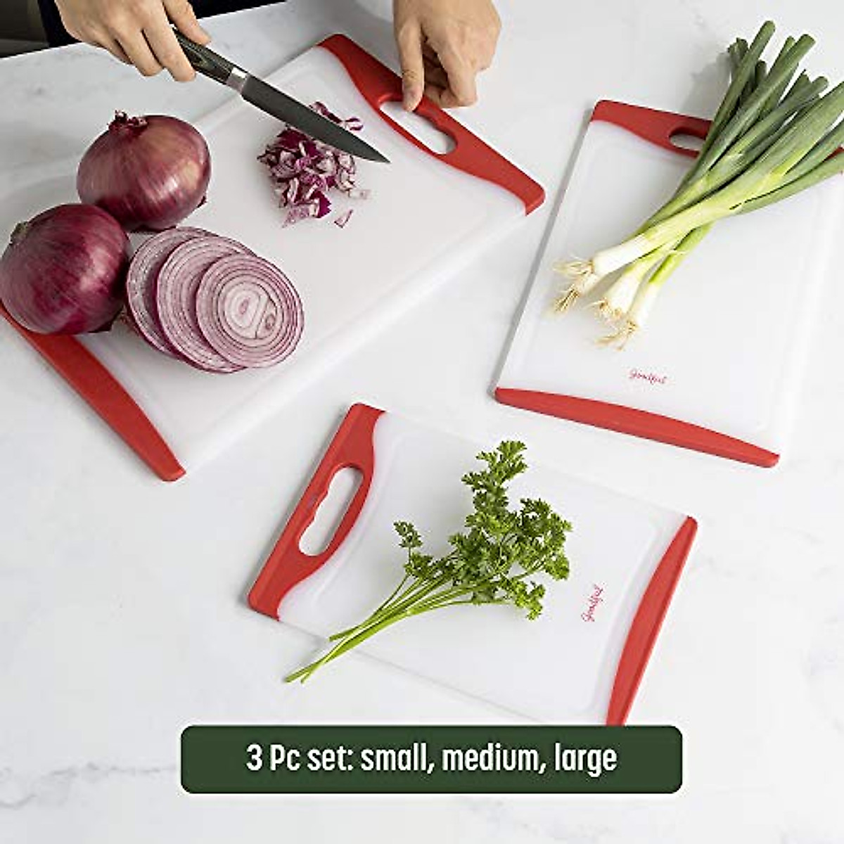 Goodful Cutting Board (3 Piece Set)- Non-Slip Edges, Easy Grip Handles, Made without BPA, Non-Porous, Dishwasher Safe, Multiple Sizes, Red