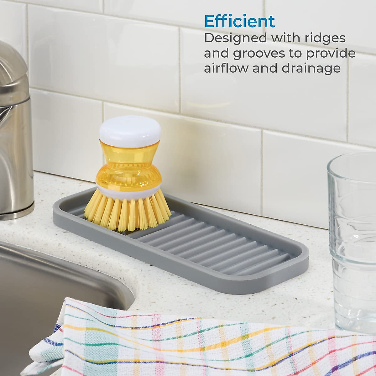 iDesign 63883 Lineo Silicone Kitchen Sink Tray for Sponges, Scrubbers, Soap, Stovetop Spoon Holder, 9" x 3.5" x 0.5", Gray