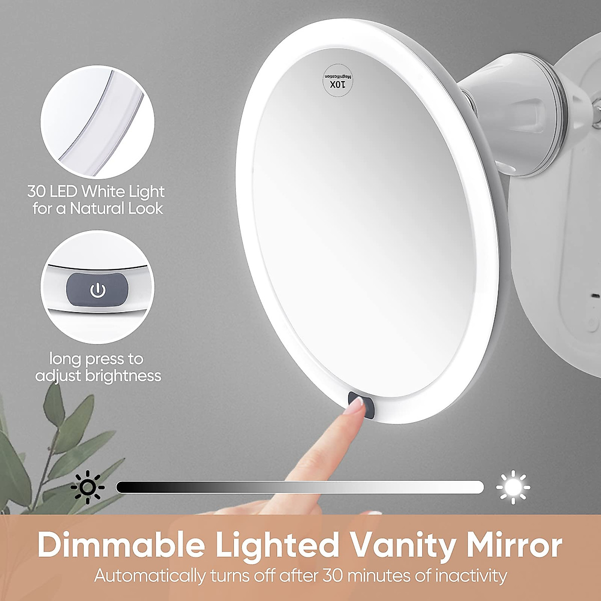 KEDSUM Upgraded 9" Rechargeable 10x Magnifying Makeup Mirror with Lights, Dimmable Lighted Vanity Mirror with Magnification and A Large Suction Cup, Touch Button, 360 Degree Rotation