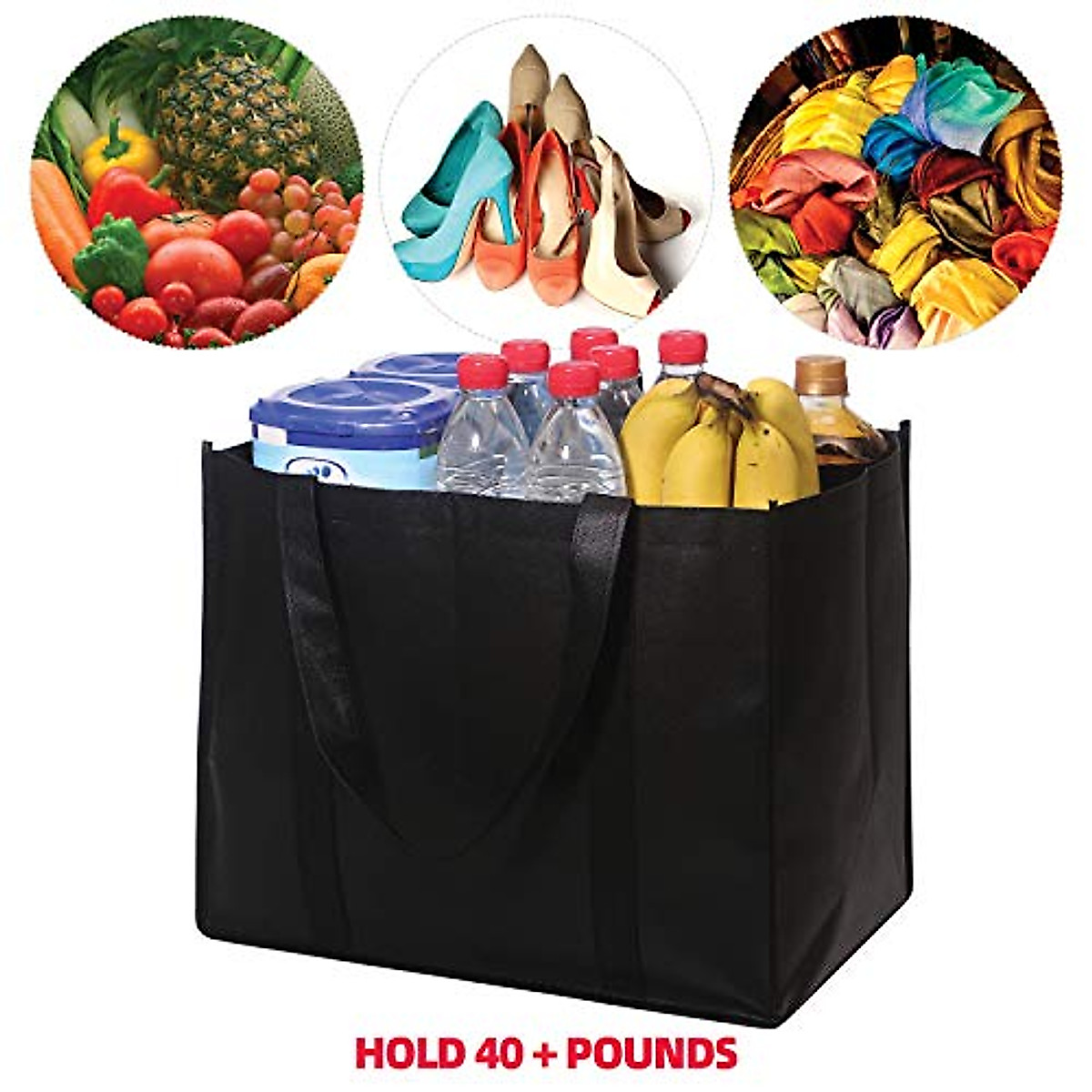 Set of 12 Reusable Grocery Bags Large Foldable Heavy Duty Shopping Tote Produce Bag with Reinforced Handles for Groceries Clothes Vegetables Fruit, Black Grey Beige
