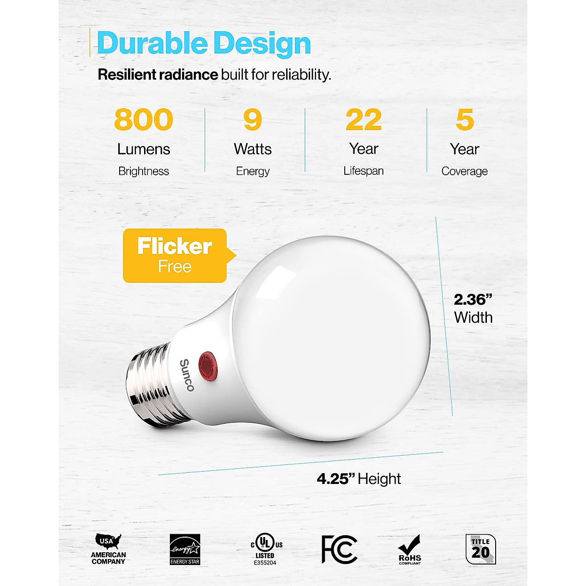 Sunco Lighting - 10 Pack A19 LED Dusk to Dawn Bulb for Home Residential Porch Patio Driveway Decorated Ambient Outdoor Twilight, 9W Equivalent to 60W 5000K Daylight, Auto On/Off Photocell Sensor UL