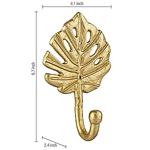 MyGift Vintage Gold Leaf Design Wall Hanging Hooks, Metal Monstera Leaves Wall Mounted Entryway Storage Coat Hooks, Set of 4 - Handcrafted in India