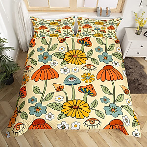 Retro Flowers Duvet Cover Set King Size,70s Floral Mushroom Comforter Cover with 2 Pillowcases,Art Hippie Plant Eye Print Modern Bedding Set for Adult Young Bedroom Xmas Gift