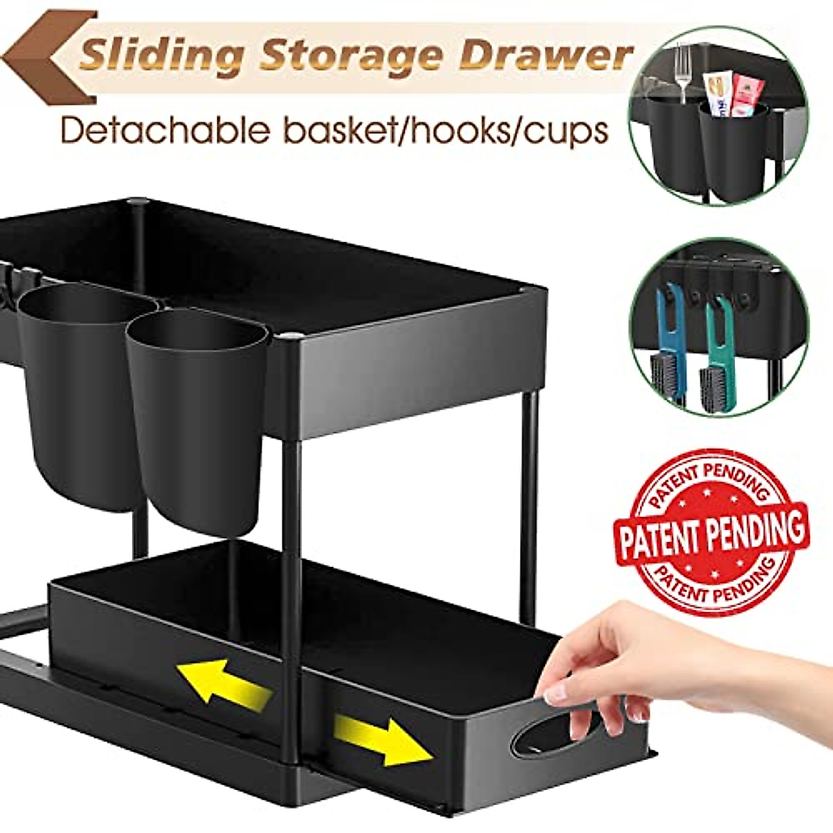 WAYCOM Under Sink Organizer with Sliding Storage Drawer, 2-Tier Sliding Cabinet Basket Organizer Shelf with 2 Hanging Cups and 4 Hooks Organizer Shelf Storage Baskets Under Sink Racks for Bathroom
