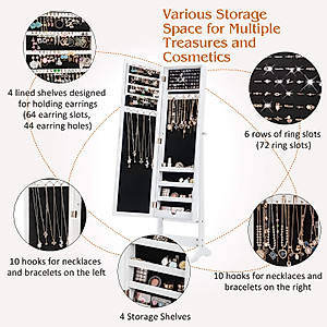 Giantex Jewelry Cabinet with Full-Length Mirror, Standing Jewelry Armoire Organizer with 64 Earring Slots, 72 Ring Slots, 20 Necklace Hooks, 4 Storage Shelves, 3 Angle Adjustable (White)