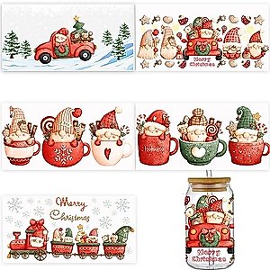 KJMYYXGS UV DTF Christmas Cup Wrap Transfer Sticker, 5 Sheets Gnome Rub On Transfers UV DTF for 16oz Glass Cup Gnome Rub On Transfers for Furniture Crafting Decorative Stickers for Glass Cups