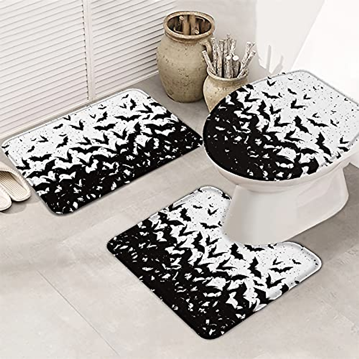 Fancyine 3 Pieces Bath Rugs Sets Halloween Spooky Flying Bats Soft Non-Slip Absorbent Toilet Seat Cover U-Shaped Toilet Mat for Bathroom Decor Black White