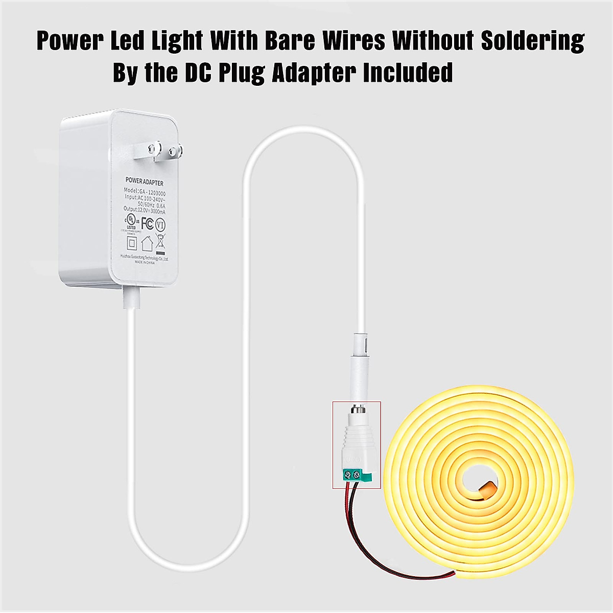 12v 3A Power Supply AC Adapter, GXILEE UL Listed 12 Volt 3 Amp Power Supply for DC 12v LED Light, Security Camera, Come with 5.5mm x 2.1mm Connector Plug Adapter(5Ft White AC Adapters, 36 Watt Max)