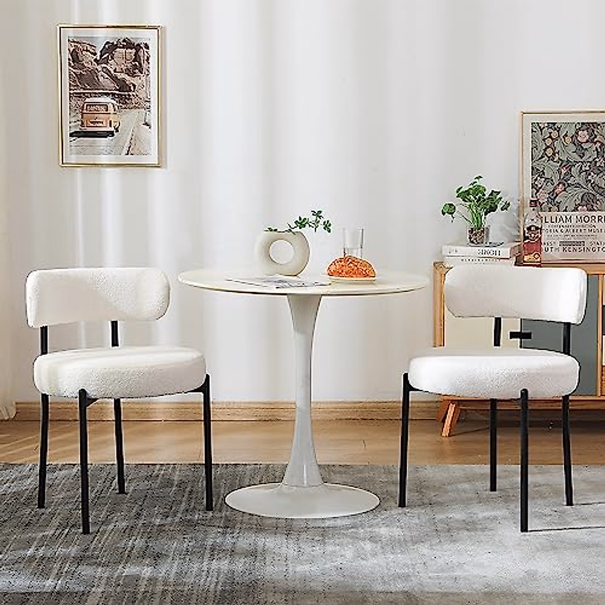RIGHTPARTS Boucle Dining Chairs Set of 2, Modern Upholstered Tufted Dining Room Chairs, Mid Century Furry Round Kitchen Chairs Curved Backrest Metal Legs Easy Assemble (White, 2)