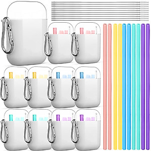 Mumufy 10 Set Silicone Travel Straws with Case Reusable Straws Foldable Drinking Straw Collapsible Portable Straw Set for Party Cold or Hot Straw with 10 Carry Cases 10 Cleaning Brushes 8.66 Inch Long