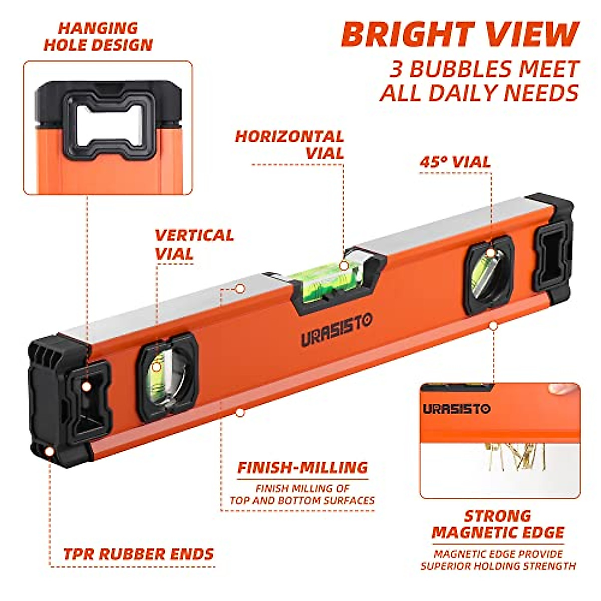 URASISTO 16 Inch Torpedo Level, Magnetic Level Tool with 45°/90°/180° Bubbles, Aluminum Alloy Construction, Shock Resistant Bubble Level Tool(400mm)