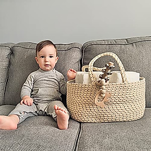 Baby Changing Basket (for 0 to 12 Month Baby) and Diaper Caddy - Cotton Rope Changing Table Topper, Thick Foam Pad with Removable Cotton Cover - Safety Belt