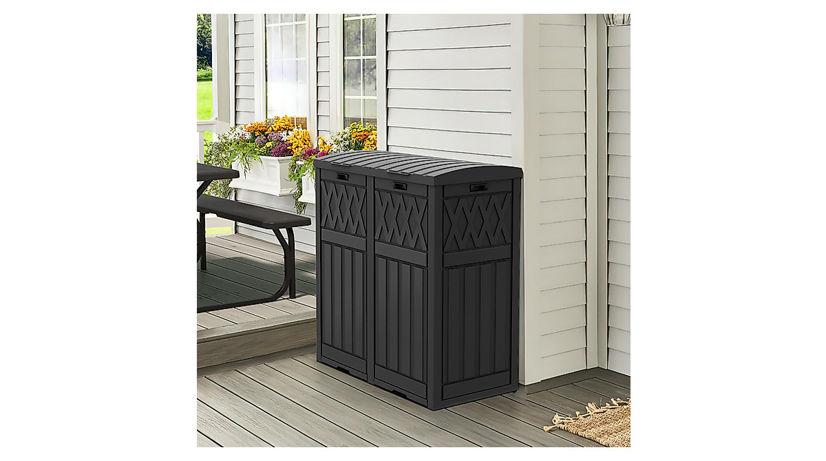 DWVO 76 Gallon Double-Bin Outdoor Trash Can with Tiered Lid