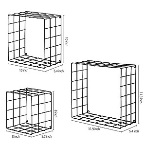 MyGift Modern Matte Black Metal Wire Mesh Wall Mounted Square Shadow Box Style Floating Display Shelves, Set of 3-11 inch, 10 inch, 8 inch