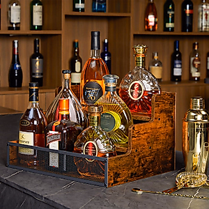 3 Step Countertop Liquor Bottle Display Shelf, Wood Bar Shelves 12 Bottles with Fences, Freestanding Storage Shelves for Liquor Whiskey Wine Coffee Syrup Display, Retro Wine Rack Home (Patent Pending)