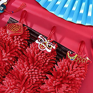 3 Pack Chenille Hanging Hand Towels Soft Absorbent Microfiber Hand Towels Plush Quick-Drying Cute Cartoon Chinese Red Hand Towel with Hanging Loops for Bathroom Kitchen(Lion+Koi+Blessing)