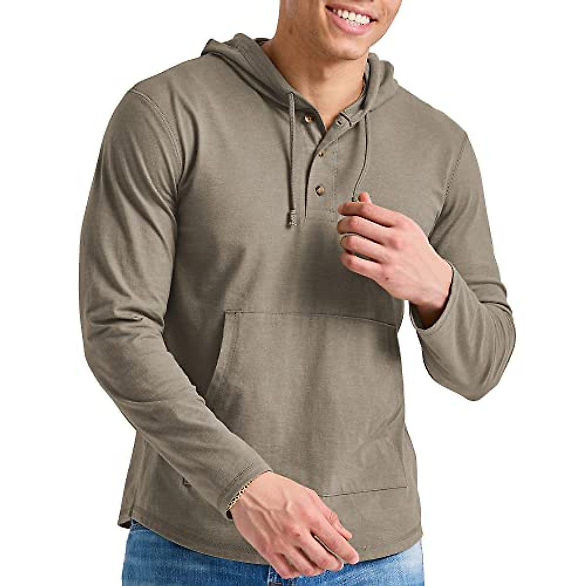 Hanes Men's Originals Tri-Blend Jersey, T-Shirt Hoodie with Henley Collar, Oregano PE Heather, Large