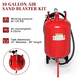 AutoForever 10 Gallon Sandblaster Air Sand Blaster Kit 65-125 PSI High Pressure Abrasive Blasting Tank w/6" Wheels Red