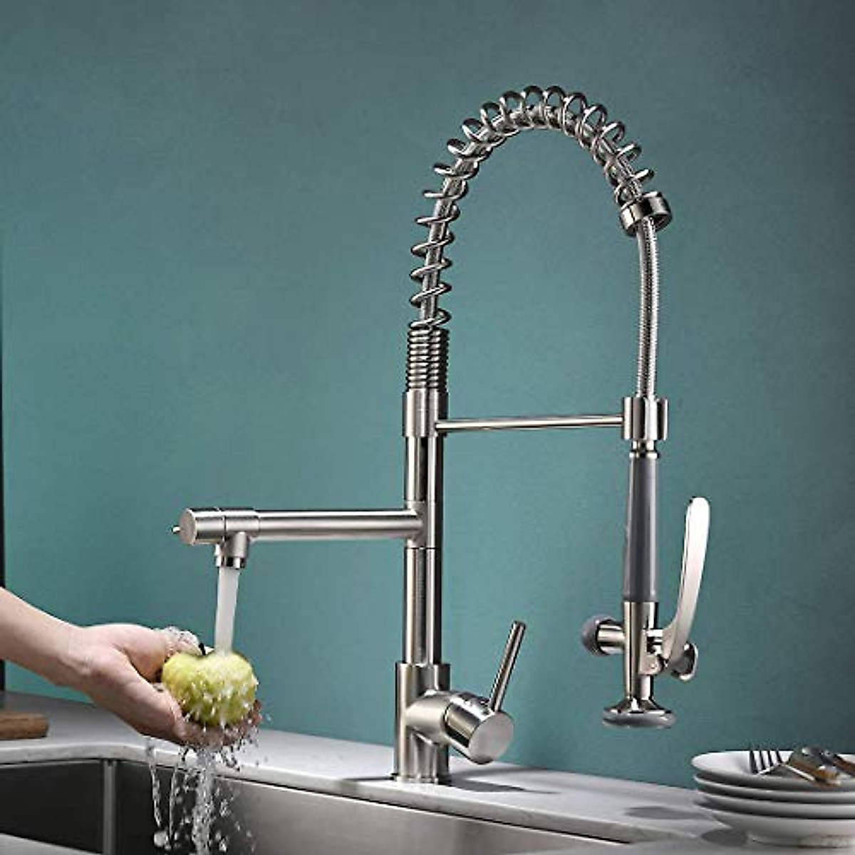 Fapully Commercial Kitchen Faucet Pull Down Sprayer with Soap Dispenser Brushed Nickel