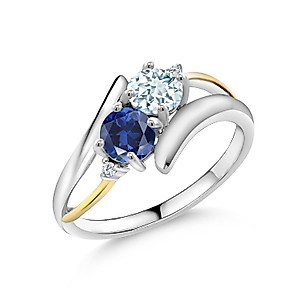 925 Sterling Silver and 10K Yellow Gold Sky Blue Aquamarine Blue Created Sapphire and White Lab Grown Diamond Women Ring (1.12 Cttw, Gemstone Birthstone, Available In Size 5, 6, 7, 8, 9)