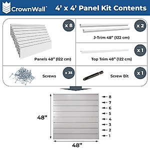 CrownWall PVC Slat Wall Panels Garage Wall and Home Organizer Storage System | Heavy Duty Organization and Easy Installation | 4ft by 4ft (16 sqft) Section, White