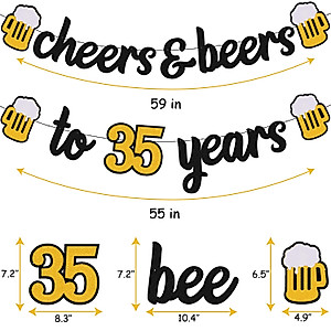 Cheers 35 Years Banner 35th Birthday Decorations for Men Women Him Her 35s Happy Birthday Theme Wedding Anniversary Party Supplies Black Sparkle Decorations Pre-strung