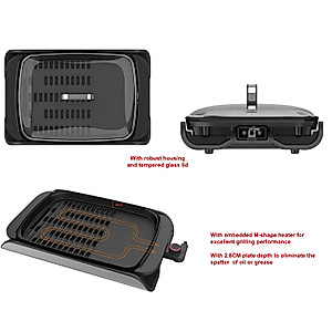 ADDIS Smokeless Indoor Electric Grill with Tempered Glass Lid and Drip Pan 1500W M-Shaped Heating Element and Non-Stick Coating, Stainless Steel