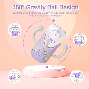 GreatKid Baby Sippy Cup with Weighted Straw - Ideal for 1+ Year Old and Transitioning Infants 6-12 Months - Spill-Proof and Easy to Hold with Handle - 8oz(Pruple｜Handle)