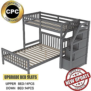 Harper & Bright Designs Twin Over Full Bunk Beds with Storage Stairs, Wooden Stairway Bunk Beds with Removable Bottom Bed and Guardrails for Kids Girls Boys,No Box Spring Needed (Grey)