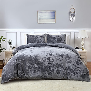 CROMIO Grey Velvet Duvet Cover King Size - Super Soft Flannel Bedding Set with Button Closure and Corner Ties - Luxurious Shimmery Comforter Cover Set for Home Decoration