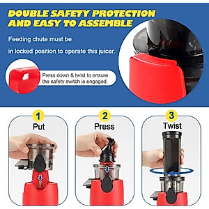 CRANDDI Super Mini Juicer Machines, 110v, 100w Slow Masticating Juicer Easy to Clean, Cold Press Juice Extractor with Brush and Reverse Function for Fruit Vegetable Juice, M-228 Red