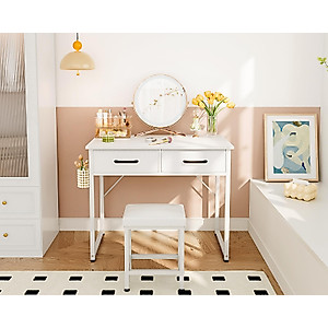 AODK Vanity Desk with 2 Fabric Drawers, 32 Inch Makeup Vanity Without Mirror, Small White Vanity Desk for Bedroom, Makeup Vanity Table with Chair, Kids Girls Vanity Set, White