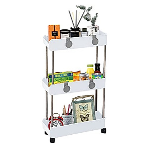 Slim Storage Cart, 3 Tier Mobile Shelving Unit Organizer, Slide Out Rolling Utility Cart Shelf Rack for Kitchen Bathroom Laundry Room Narrow Places, Plastic & Stainless Steel, White