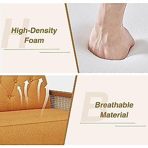 annjoe Button Tufted Loveseat Settee Upholstered Sofa with Natural Rattan Armrest Backrest Buckle Couch Banquette Bench for Dining Room Living Room Bedroom Funiture