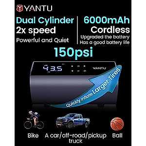 YANTU Cordless Tire Inflator Portable Air Compressor,12V Tire Pump Battery Powered, Dual Cylinder 2X Inflation, Air Pump for Inflatables with 8.3Inch Digital Large Screen for Off-Road/SUV/Pickup